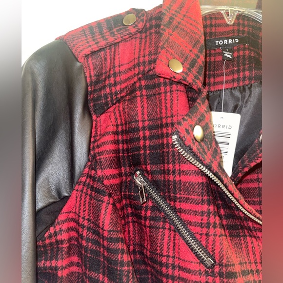 torrid | Jackets & Coats | Torrid Red Black Plaid Mixed Fabric Moto ...